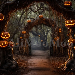 A Halloween Arch Digital Backdrop, Twisted Forest, Pumpkins Jack-o ...
