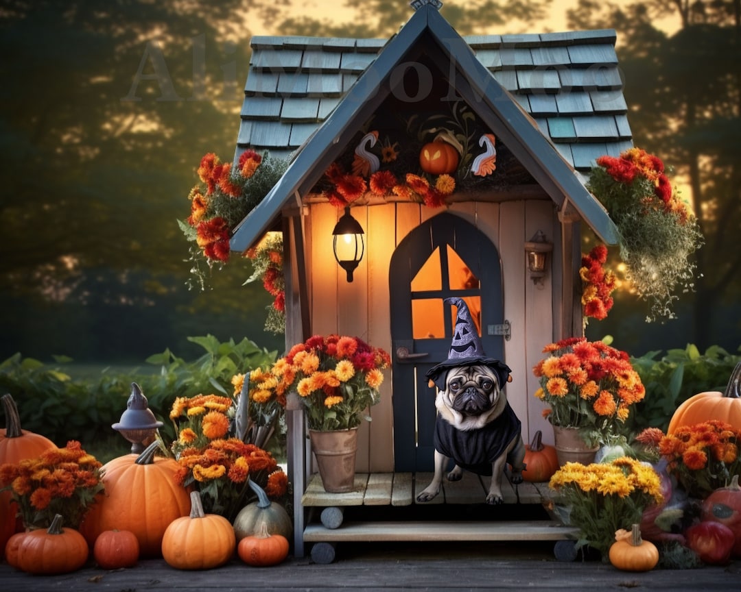 A Halloween and Autumn Dog House CG Digital Backdrops, Fall Dog House ...