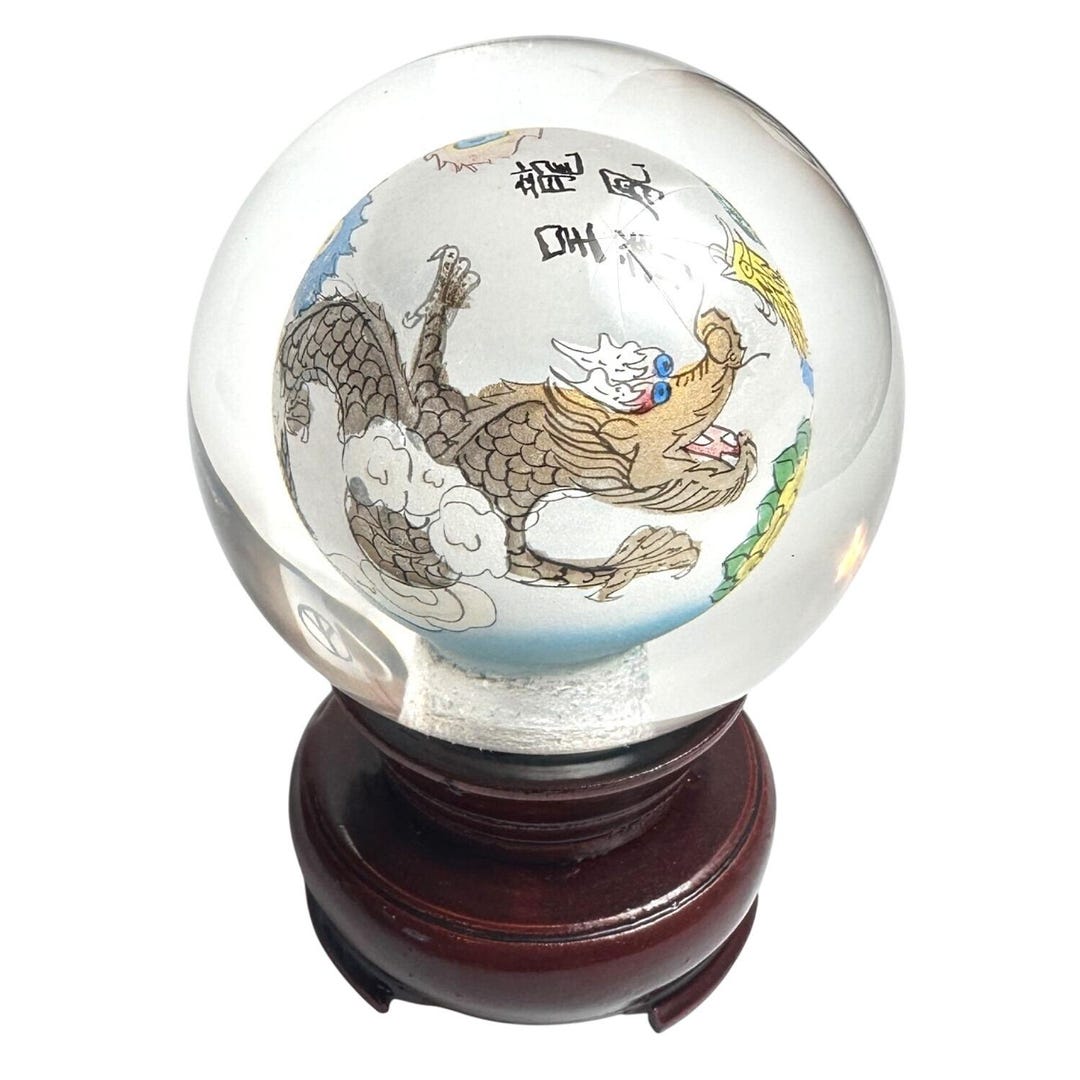 Vintage Reverse Painted Chinese Art Glass With Dragon & Wooden Stand - Etsy