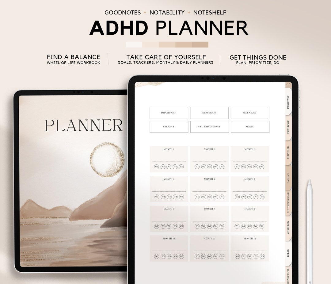 ADHD Digital Planner, Self Care, Productivity, Life Balance Journal ...