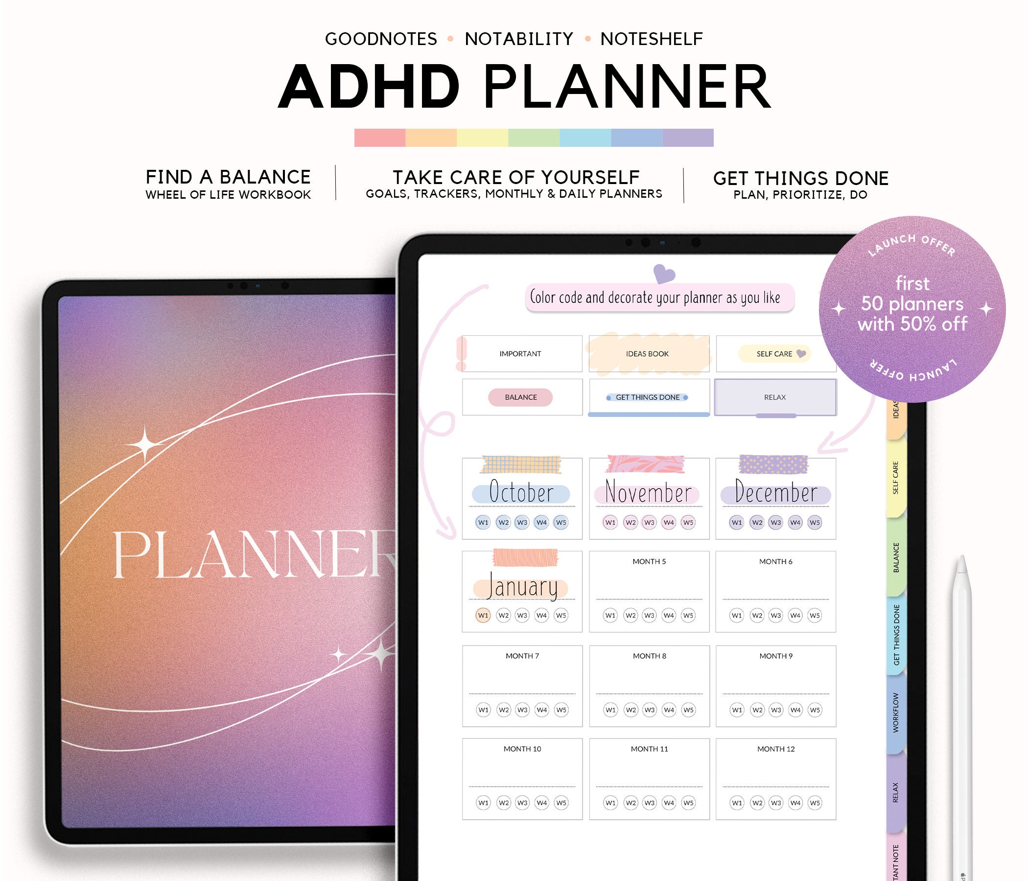 ADHD Digital Planner for Adults Self Care Journal Life - Etsy
