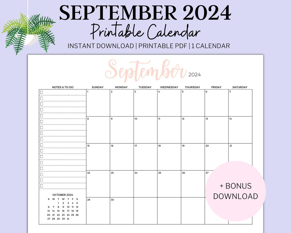 September 2024 Printable Calendar, Digital Download, Printable PDF ...