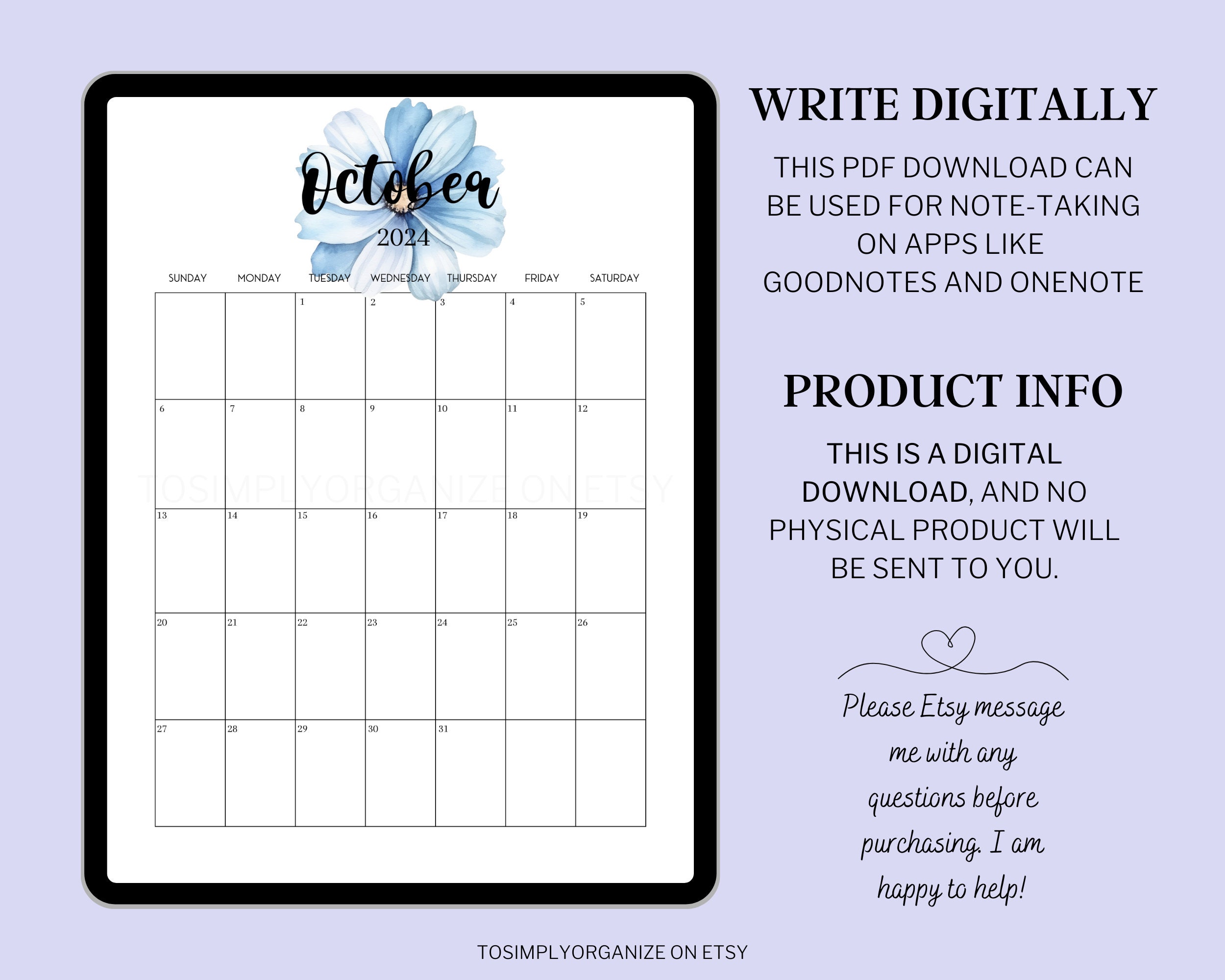 October 2024 Printable Calendar, Digital Download, Printable PDF ...