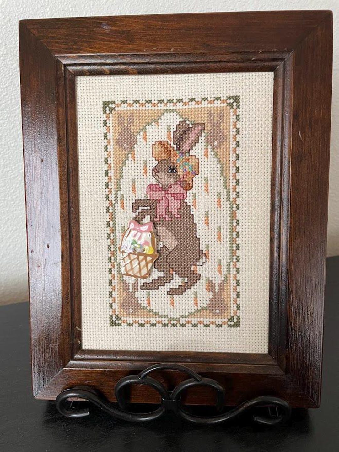 90's Framed Completed Cricket Collection Easter Bunny Cross Stitch With ...