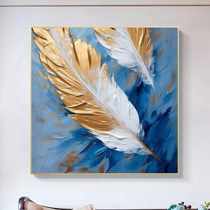 Gold Feather Oil Painting on Canvas Living Room Wall Decor - Etsy
