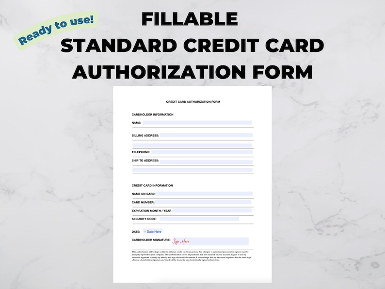 Standard Credit Card Authorization Form | Fillable & Ready to Use! PDF ...