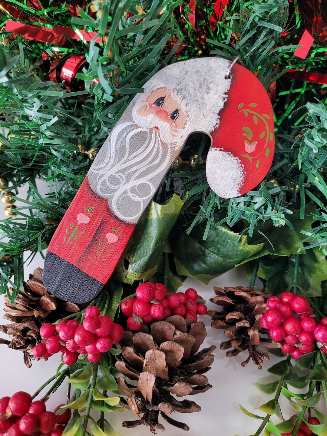 Wooden Candy Cane Santa Claus Christmas Decoration Kitsch Kitschy Retro ...