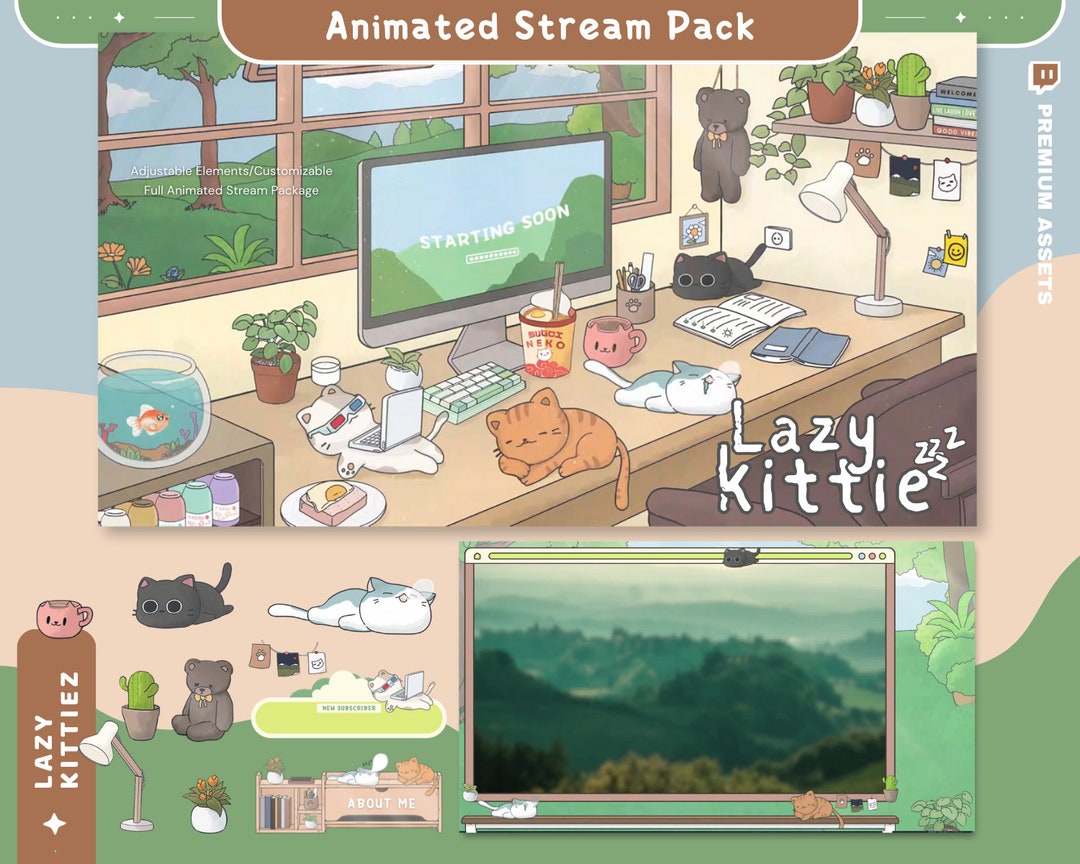 Cat Twitch Stream Animation Overlay Green Kitty Cute Animated Full ...