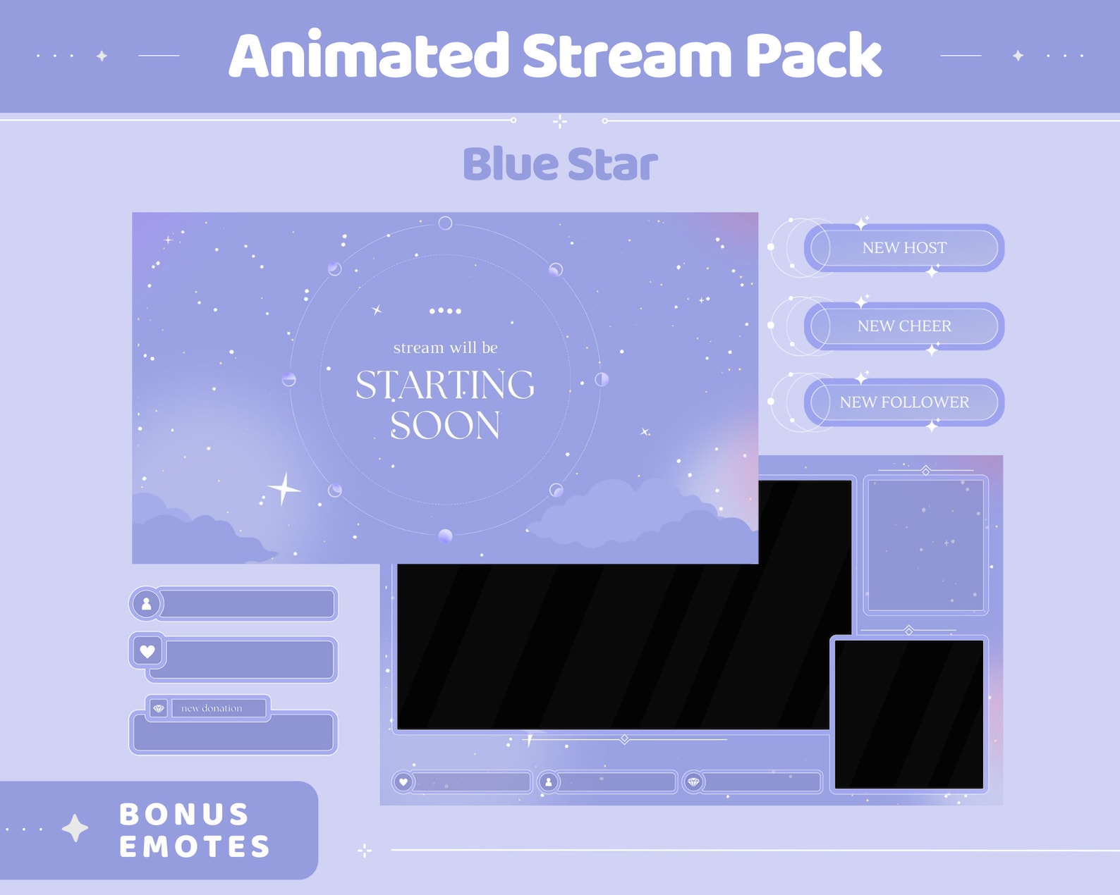 Blue Sky Animated Stream Pack: Purple Starry Vibe - Vtuber Overlay ...