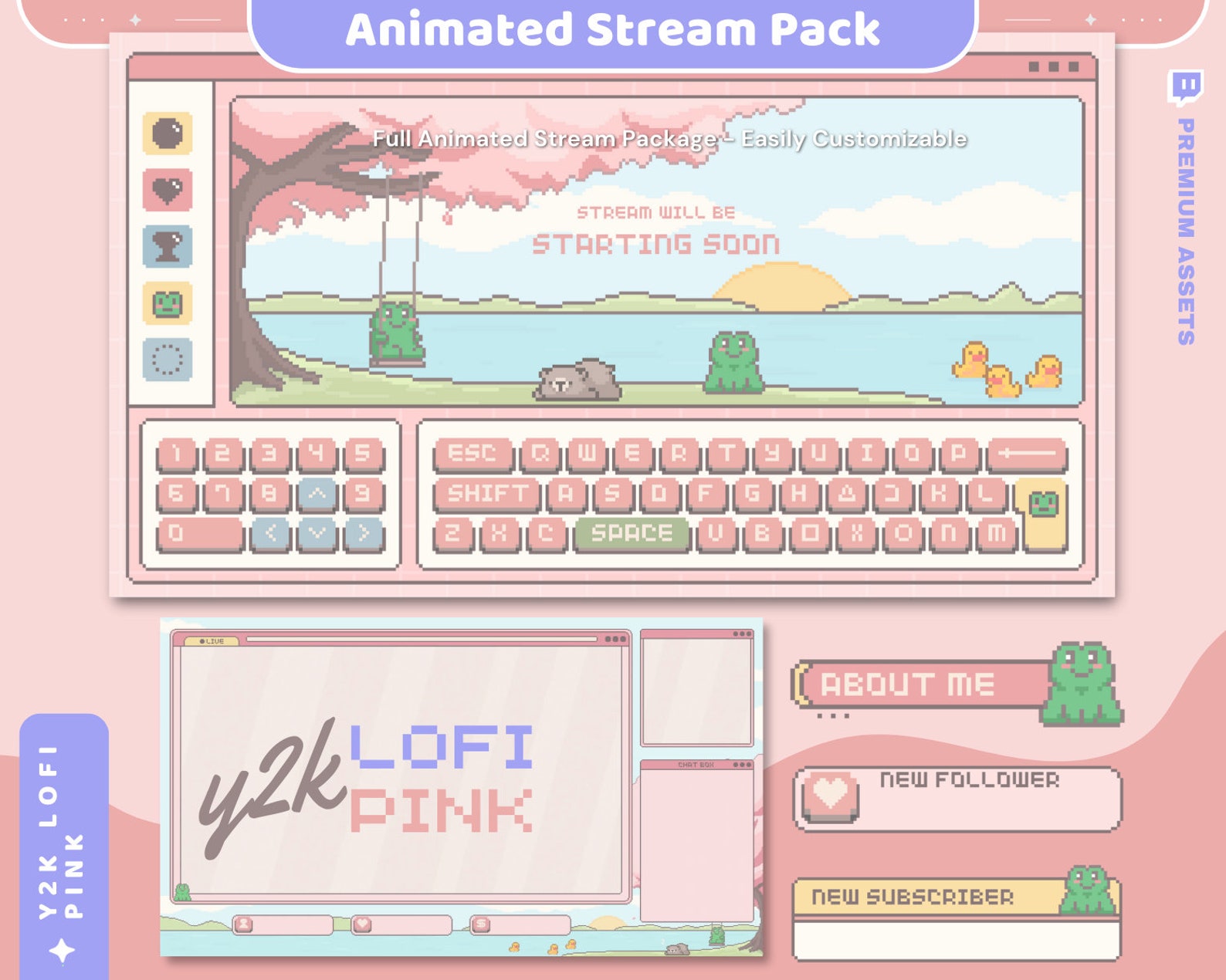 Frog Bear Pink Twitch Overlay Stream Pack: Animated Y2K Lofi Full ...