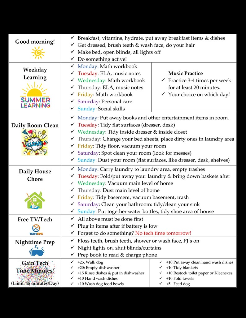 Teen Daily Summer Schedule - Etsy