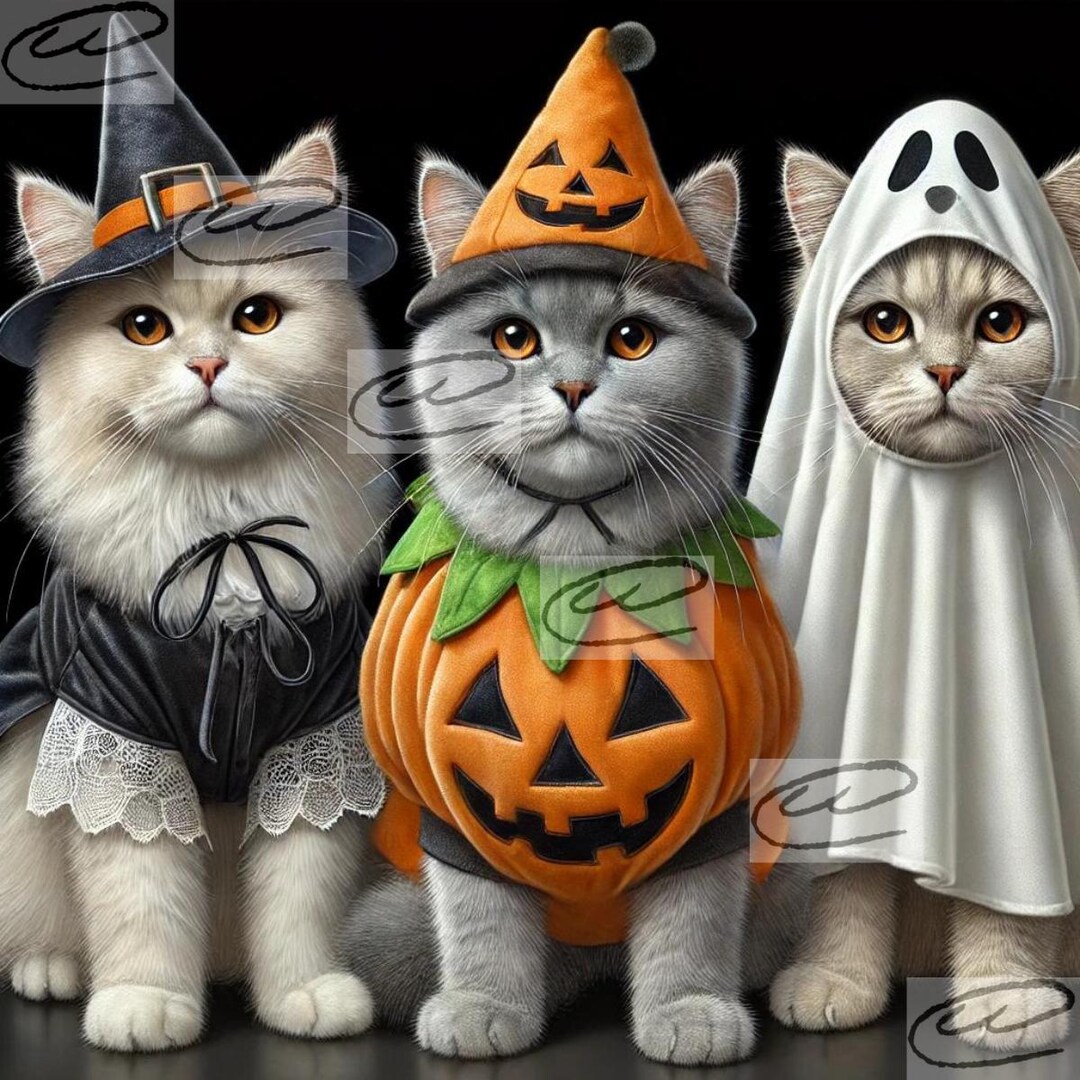 Adorable Halloween Cats Digital Art – Trio of Cats in Witch, Pumpkin ...