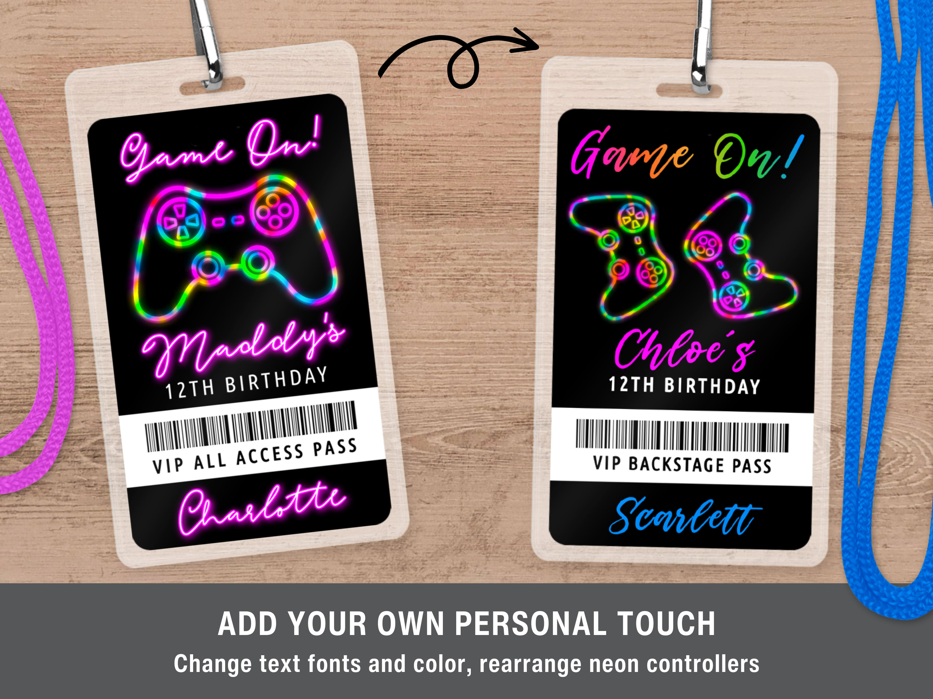 VIP Badge Template for Girl's Video Game Birthday, Neon Glow Tie Dye ...