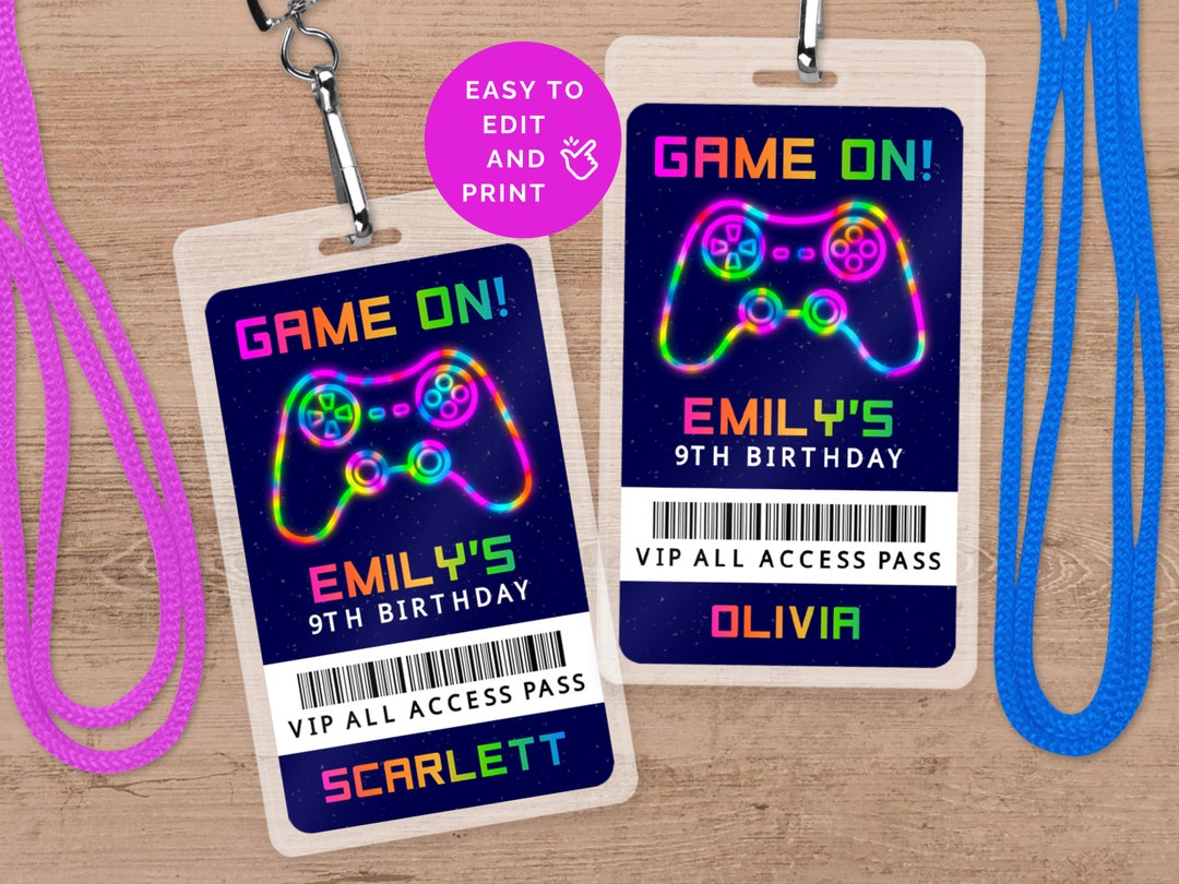 VIP Badge Template for Girl's Video Game Birthday Party, Neon Glow Tie ...