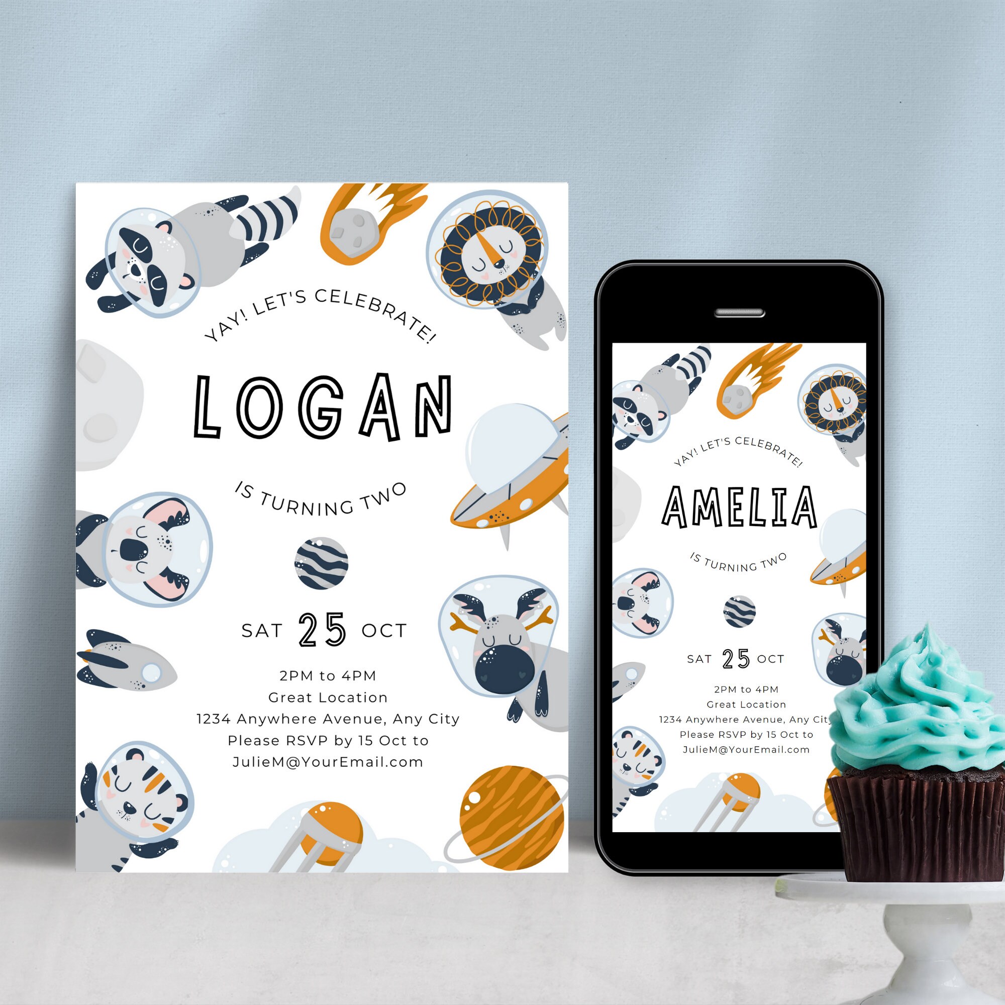 Two Wild Printable Sci-fi Space Theme Party Invite, Downloadable Animal ...