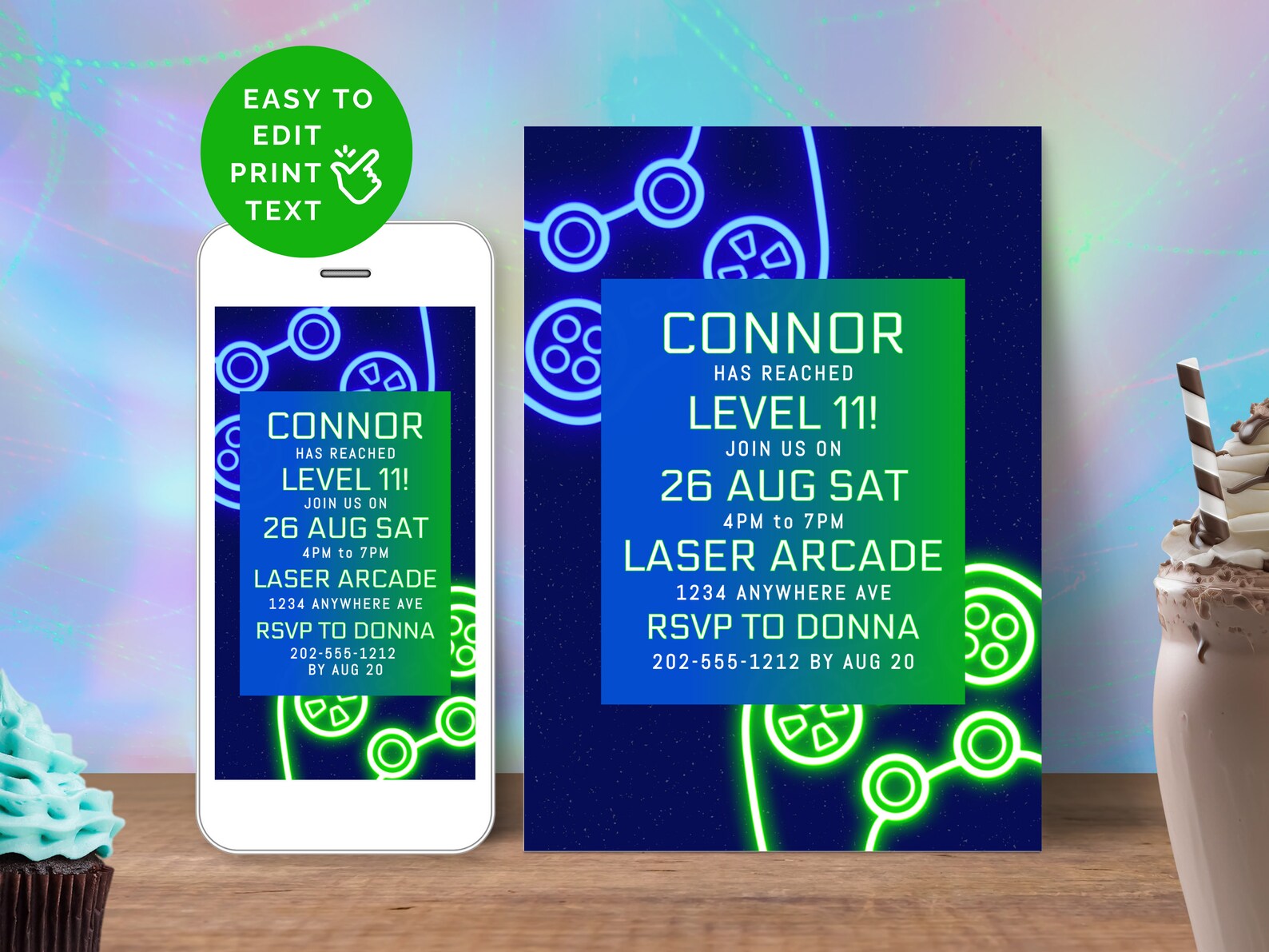 11th Birthday Invitation for Boys, Editable Kids' Neon Glow Video Game ...