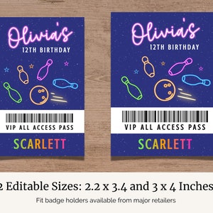 VIP Birthday Party Pass for Bowling, Neon Glow Editable All Access ...