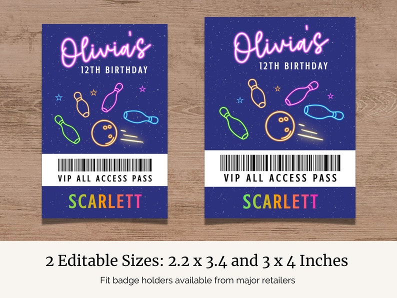 VIP Birthday Party Pass for Bowling, Neon Glow Editable All Access ...