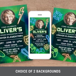 Graduation Invite for Boys Digital & Printable, Neon Glow Video Game ...