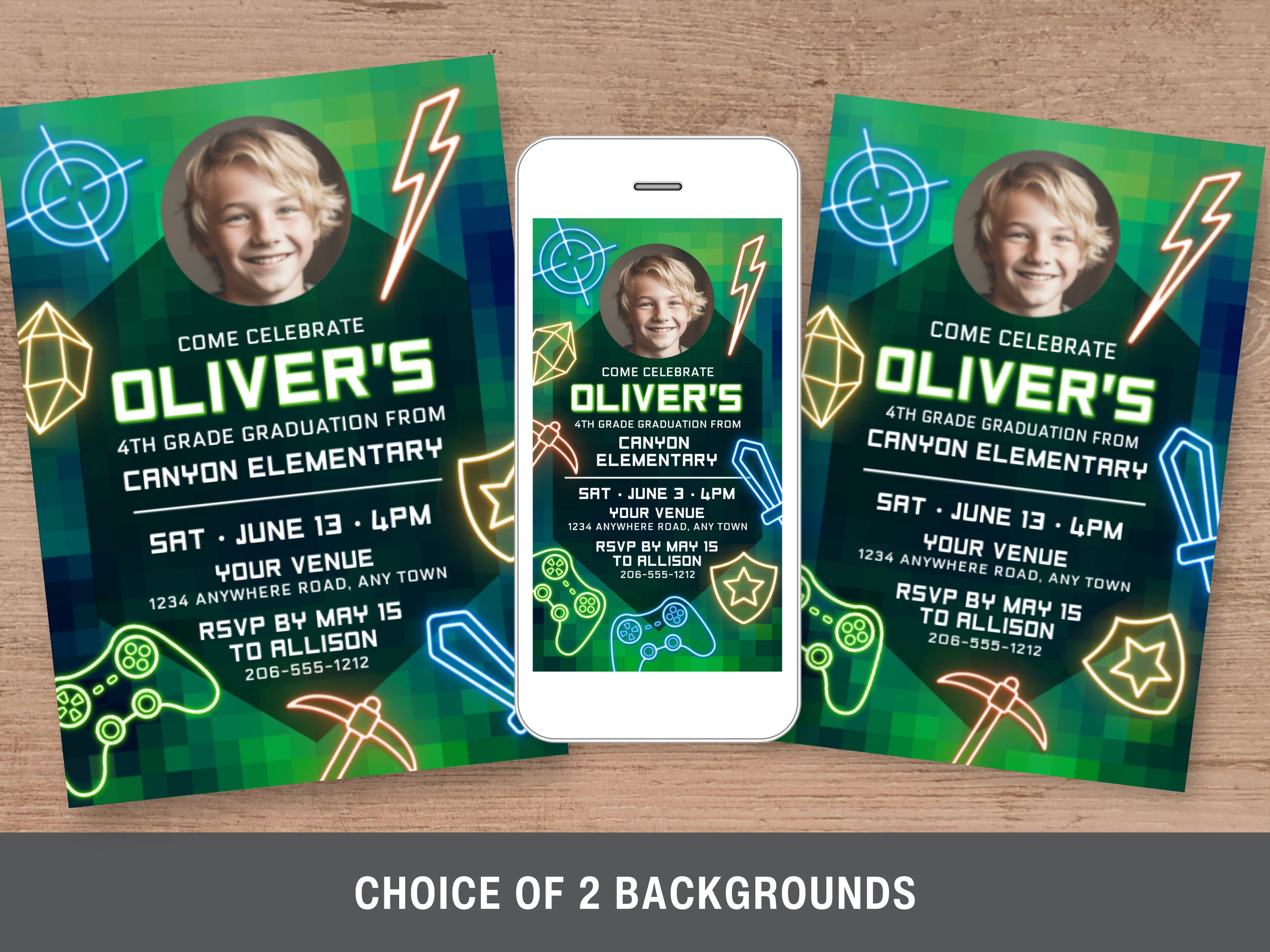 Graduation Invite for Boys Digital & Printable, Neon Glow Video Game ...