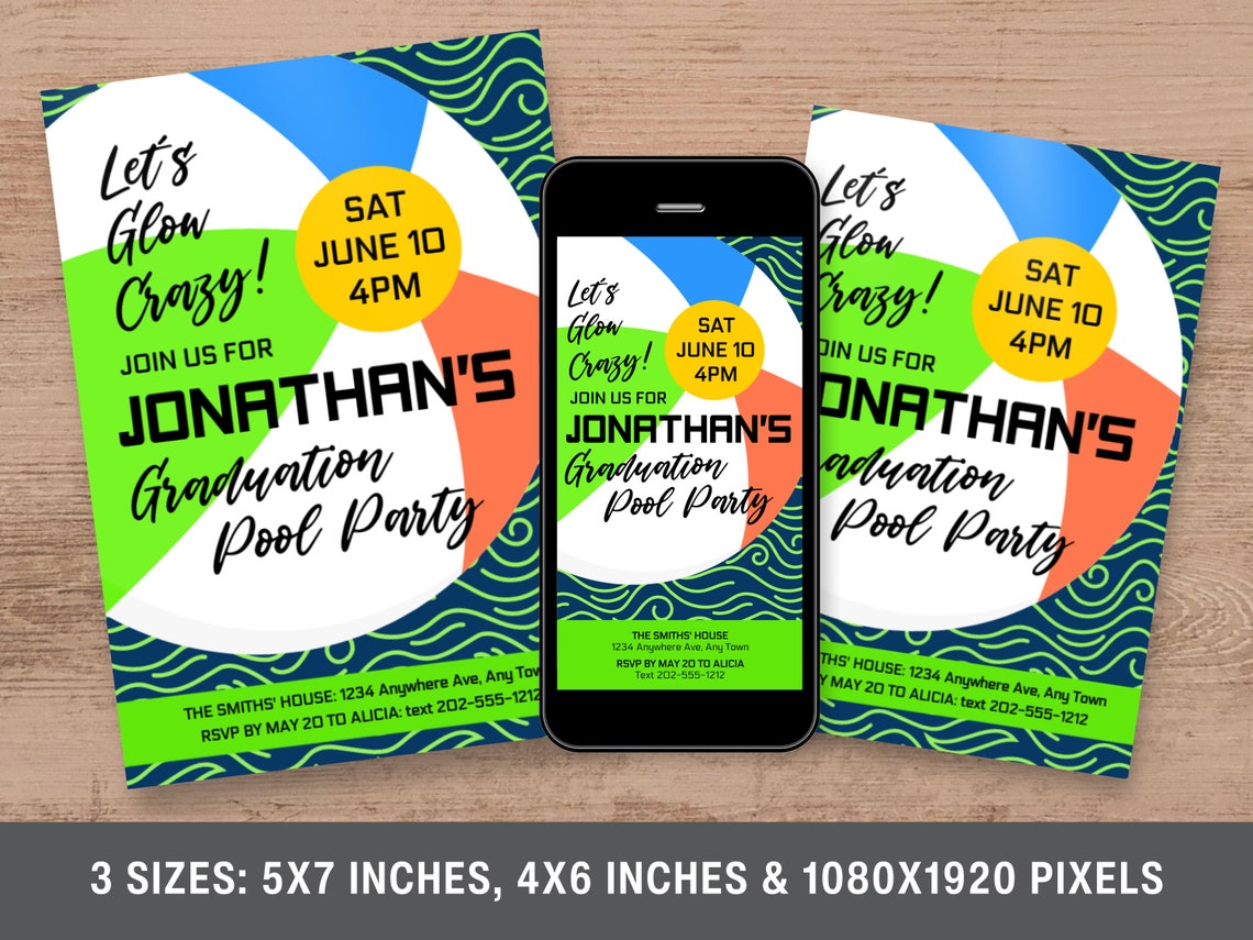Graduation Invitation 2024 Boy, Editable Neon Glow Pool Party Invite ...