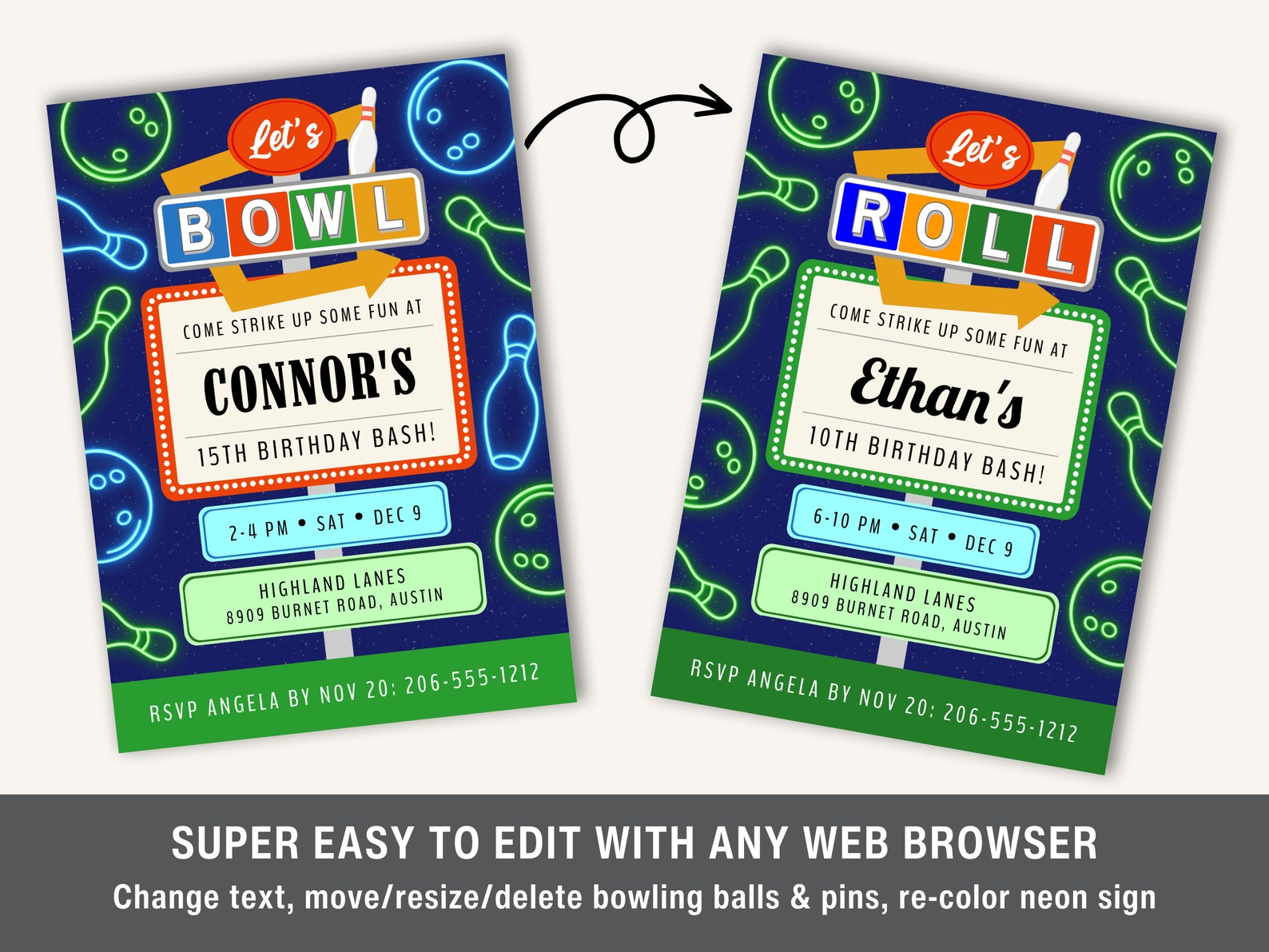 Bowling Birthday Invite Template for 15 Year Old Boy, Editable Retro ...