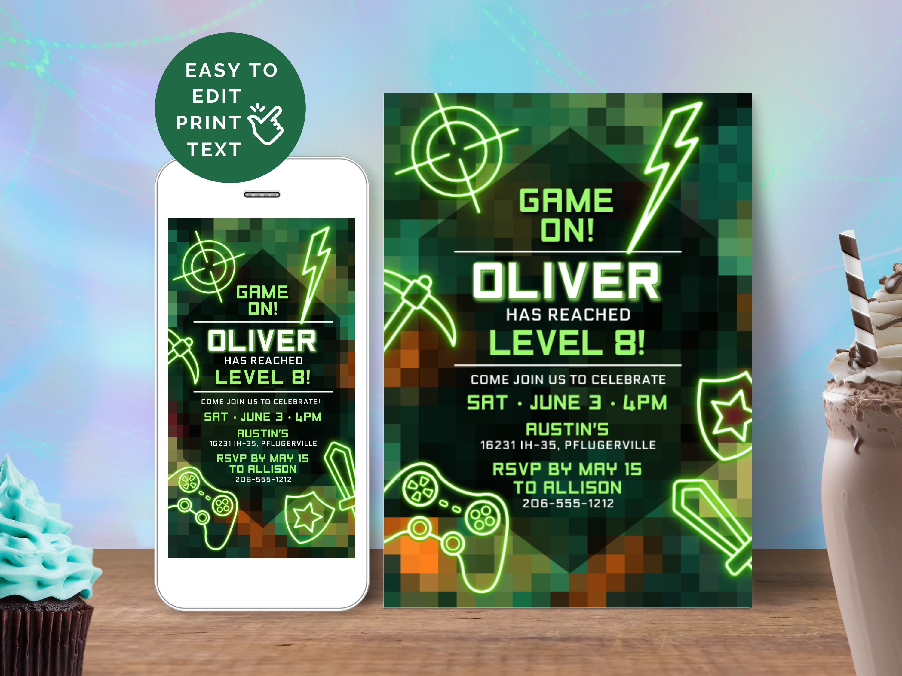 Video Game Invitation Boys, Neon Glow Downloadable Game on Level up ...