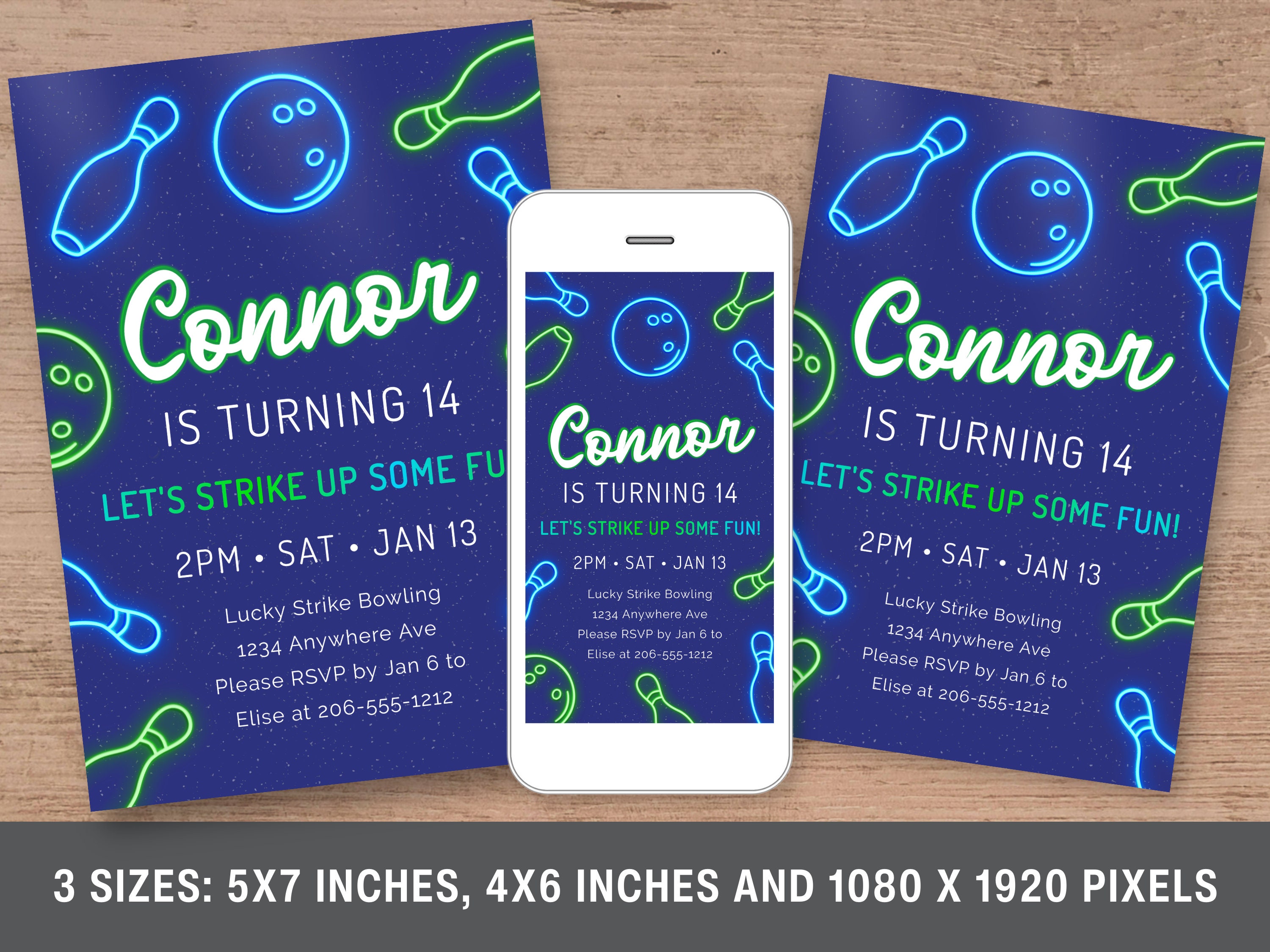 Editable Invitation Bowling Birthday Party for 14 Year Old Boy, Neon ...