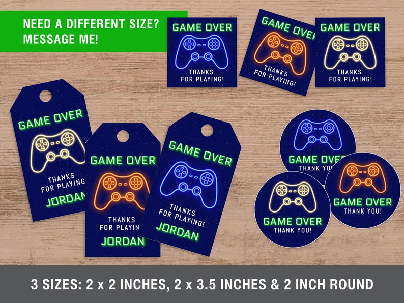 Video Game Party Favor Tags for Boy Birthday, Editable Neon Glow Game ...