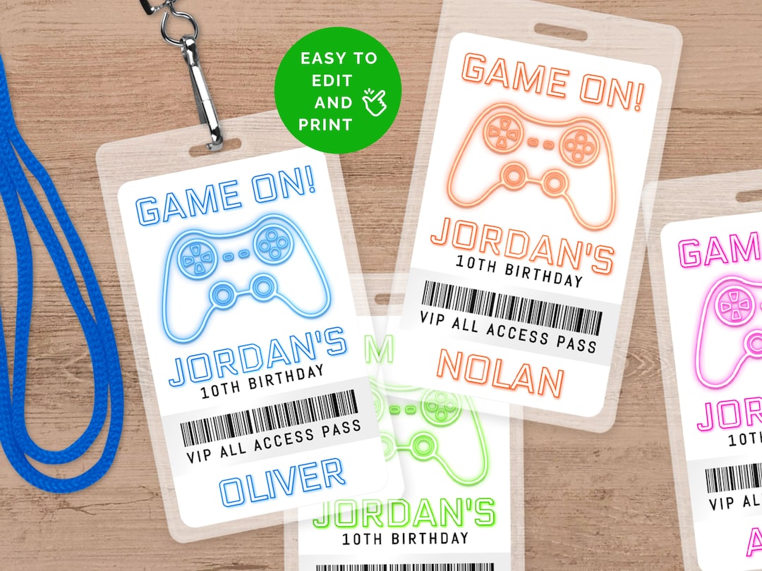 Video Game VIP Birthday Party Pass, Kids & Teens Neon Glow All Access ...