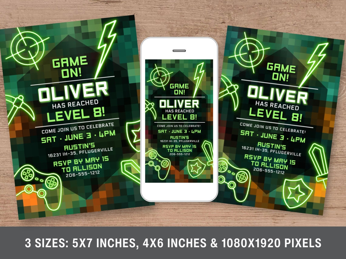Video Game Invitation Boys, Neon Glow Downloadable Game on Level up ...