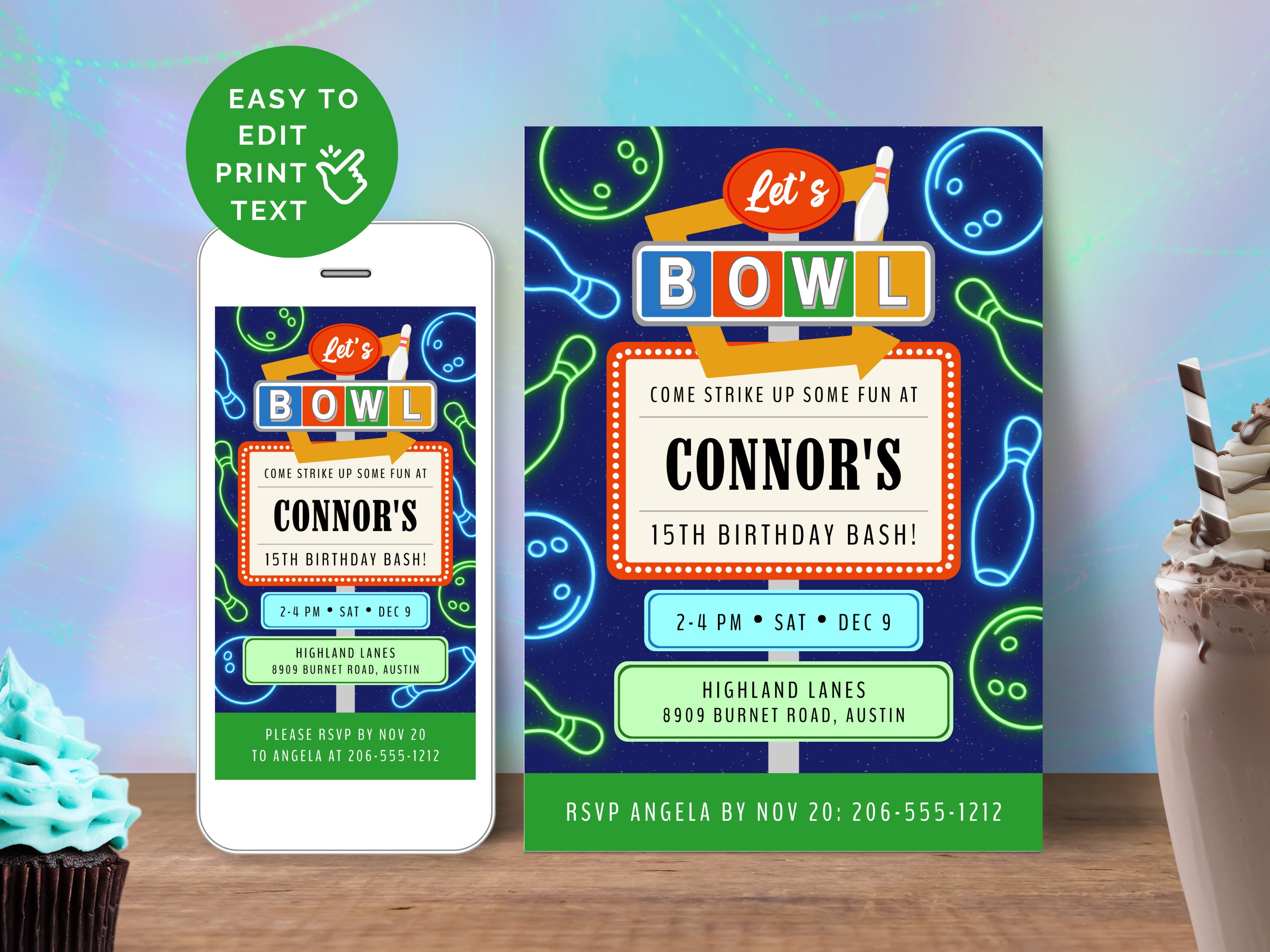 Bowling Birthday Invite Template for 15 Year Old Boy, Editable Retro ...