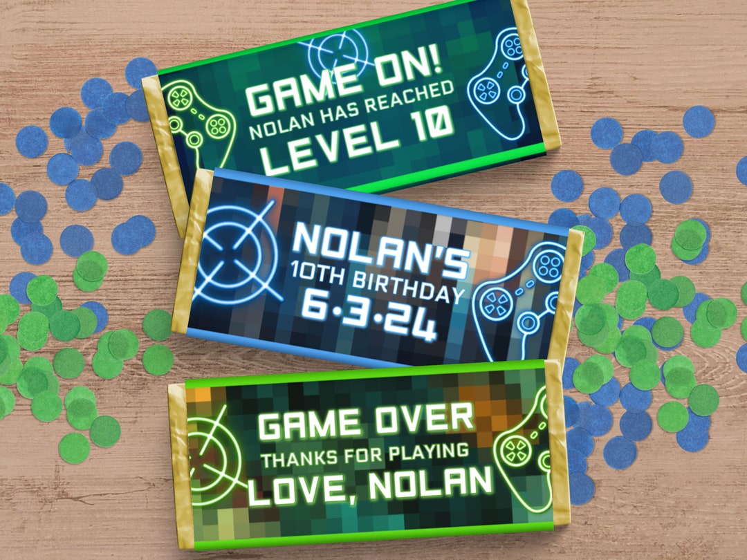 Video Game Birthday Party Favors, Game on Level up Chocolate Wrappers ...
