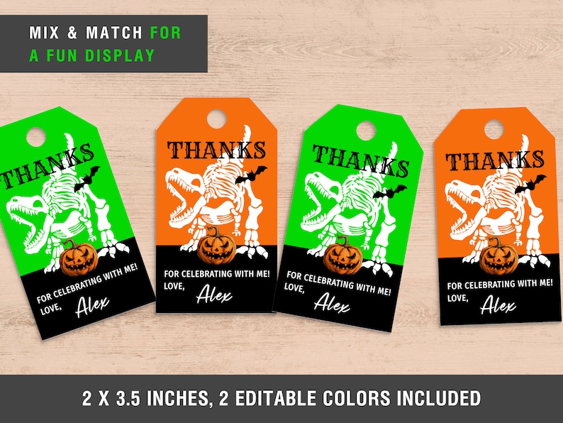 Halloween Goodie Bag Tags for Kids Birthday, Editable Dinosaur Skeleton ...