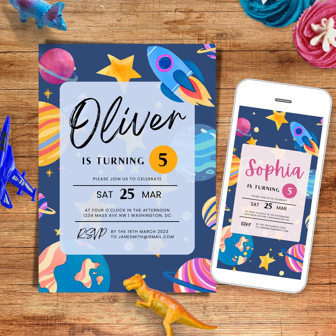 Printable Sci-fi Space Theme Party Invite Electronic Invitation for 5th ...