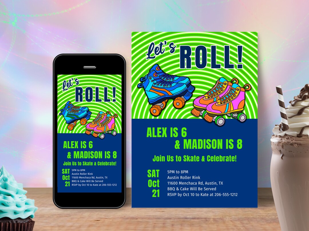 Boy and Girl Roller Skating Birthday Invitation, Joint Neon Skate Party ...