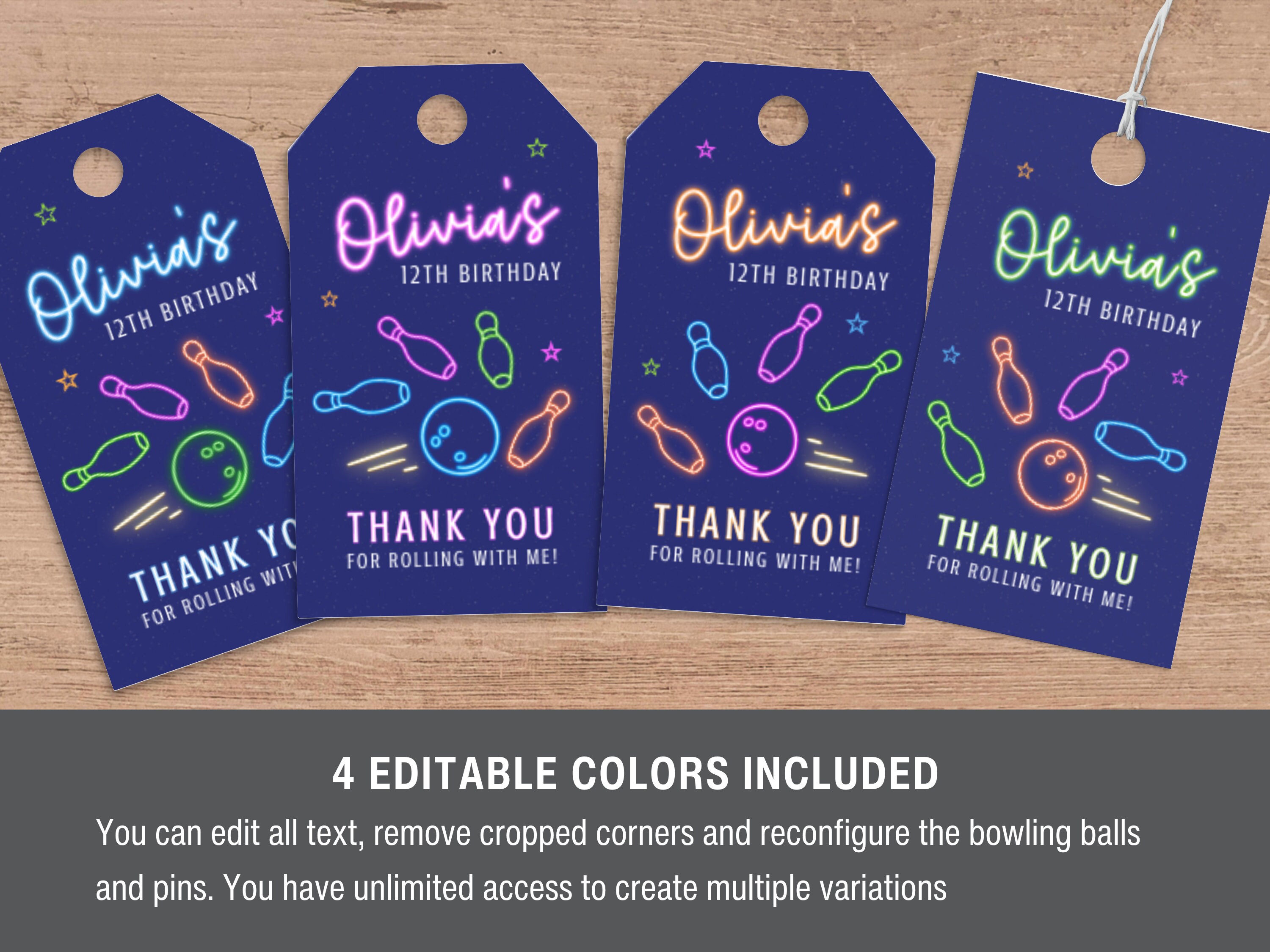 Bowling Birthday Tags for Girl, Neon Glow Bowling Party Thank You Tags ...