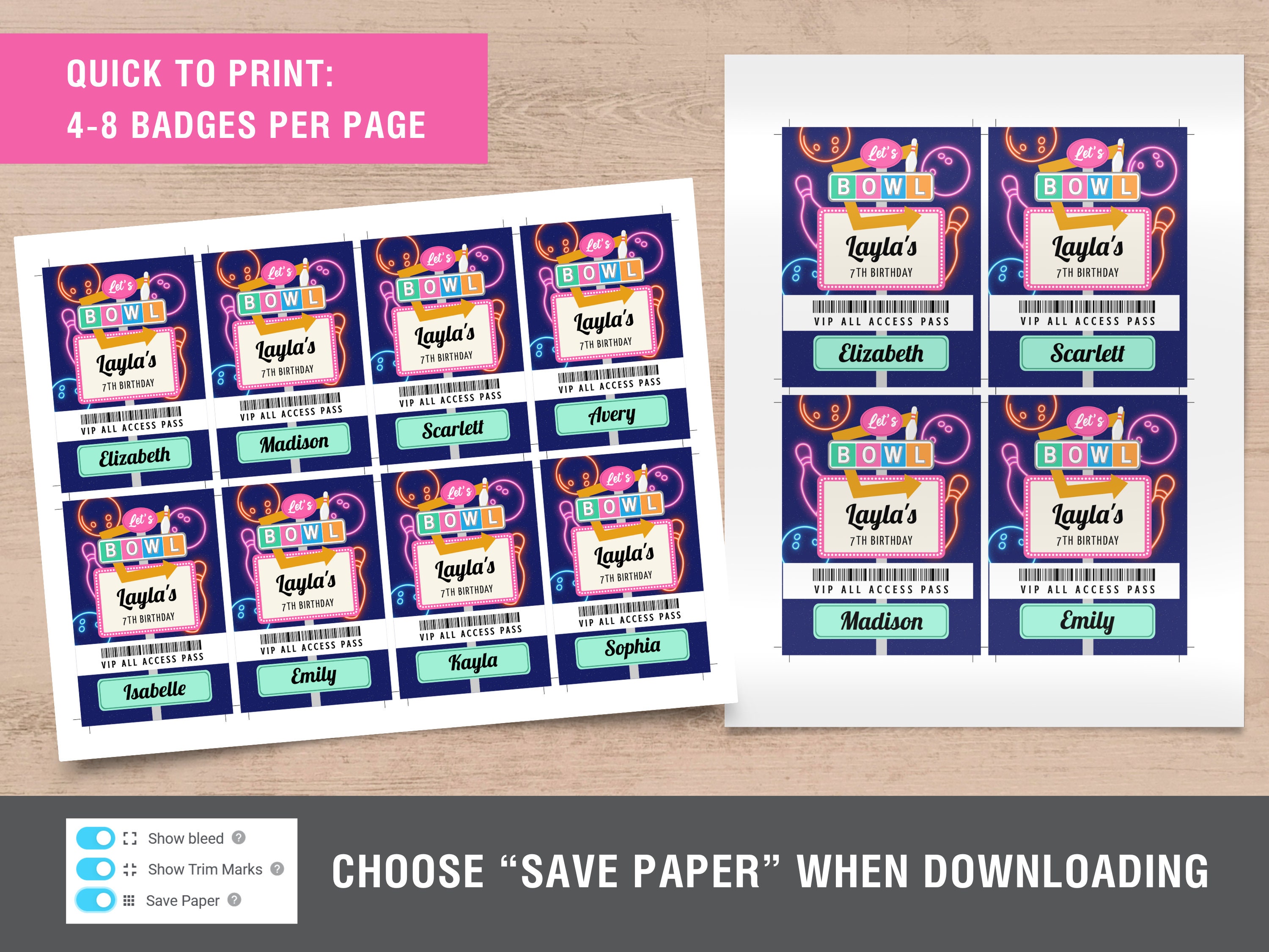 VIP Badge Template for Kids Birthday Party, Personalized Neon Bowling ...