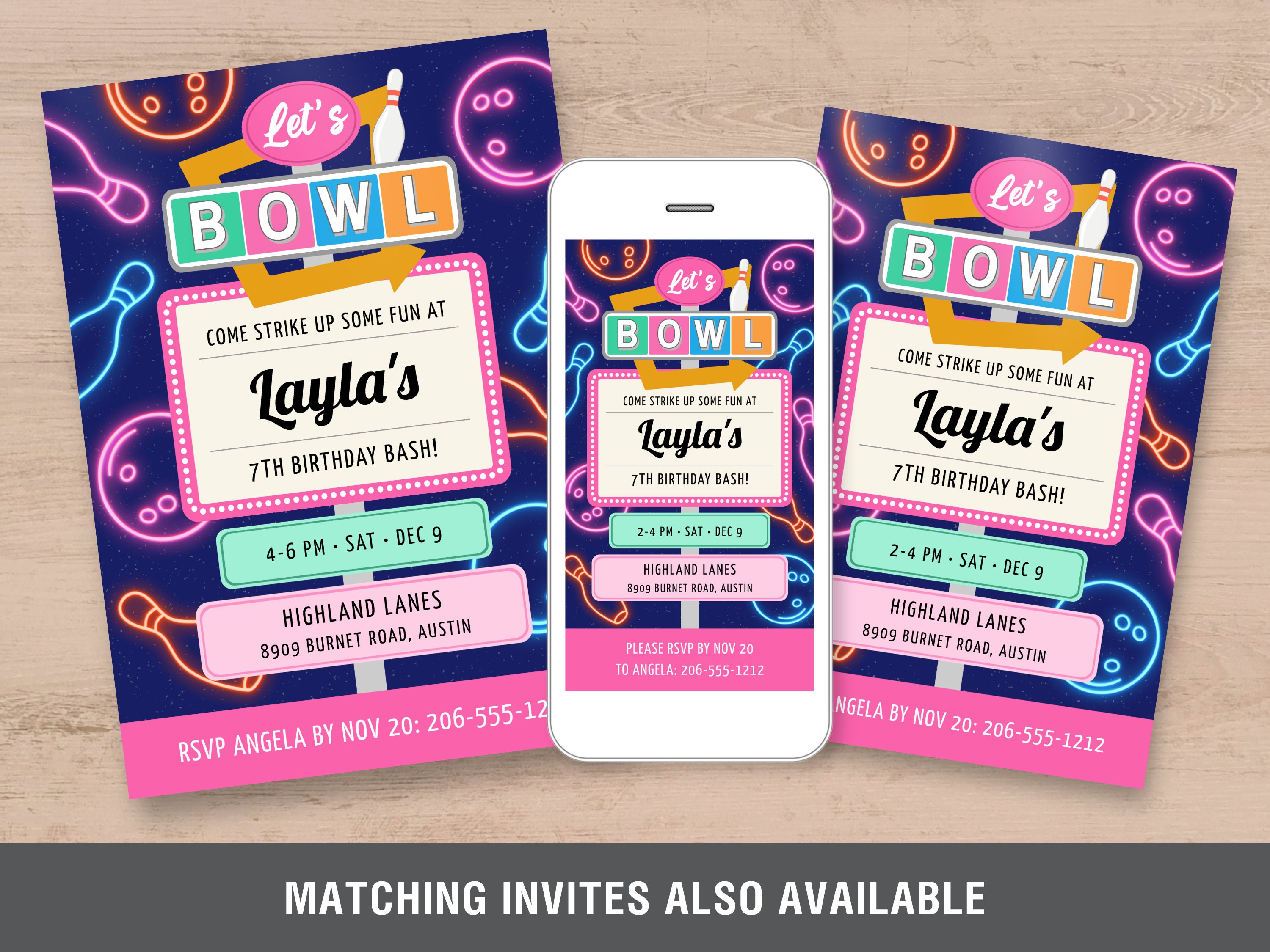 VIP Badge Template for Kids Birthday Party, Personalized Neon Bowling ...