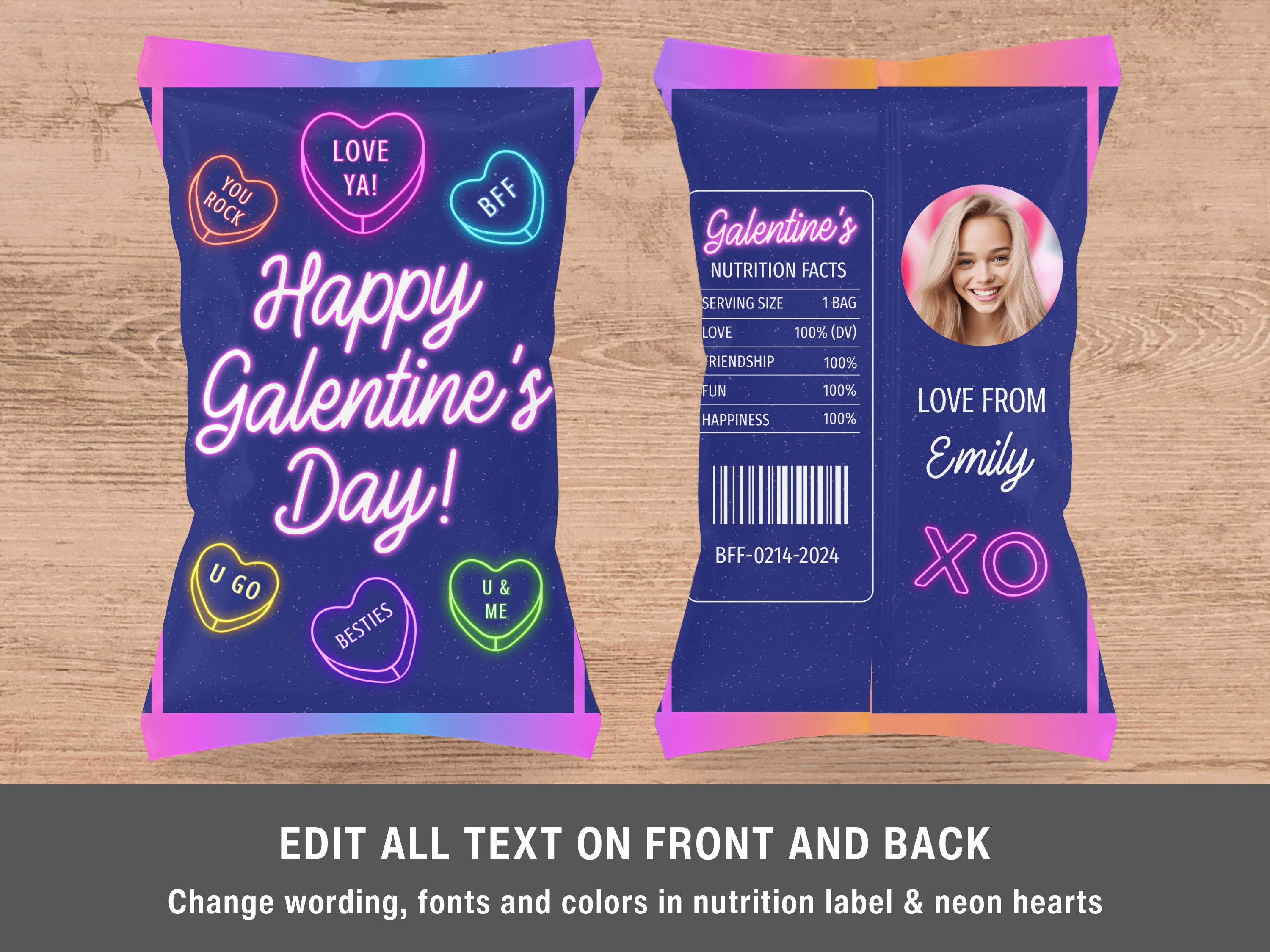 Galentine's Chip Bag, Editable Neon Candy Hearts Potato Chips Package ...