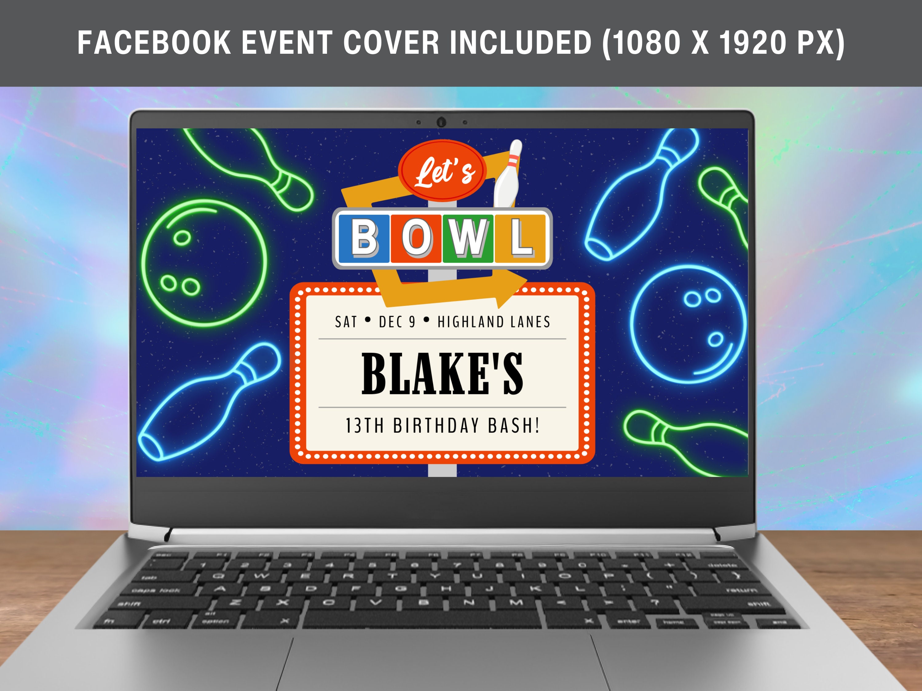 Printable Invitation for Bowling Birthday Party, Editable Retro Neon ...