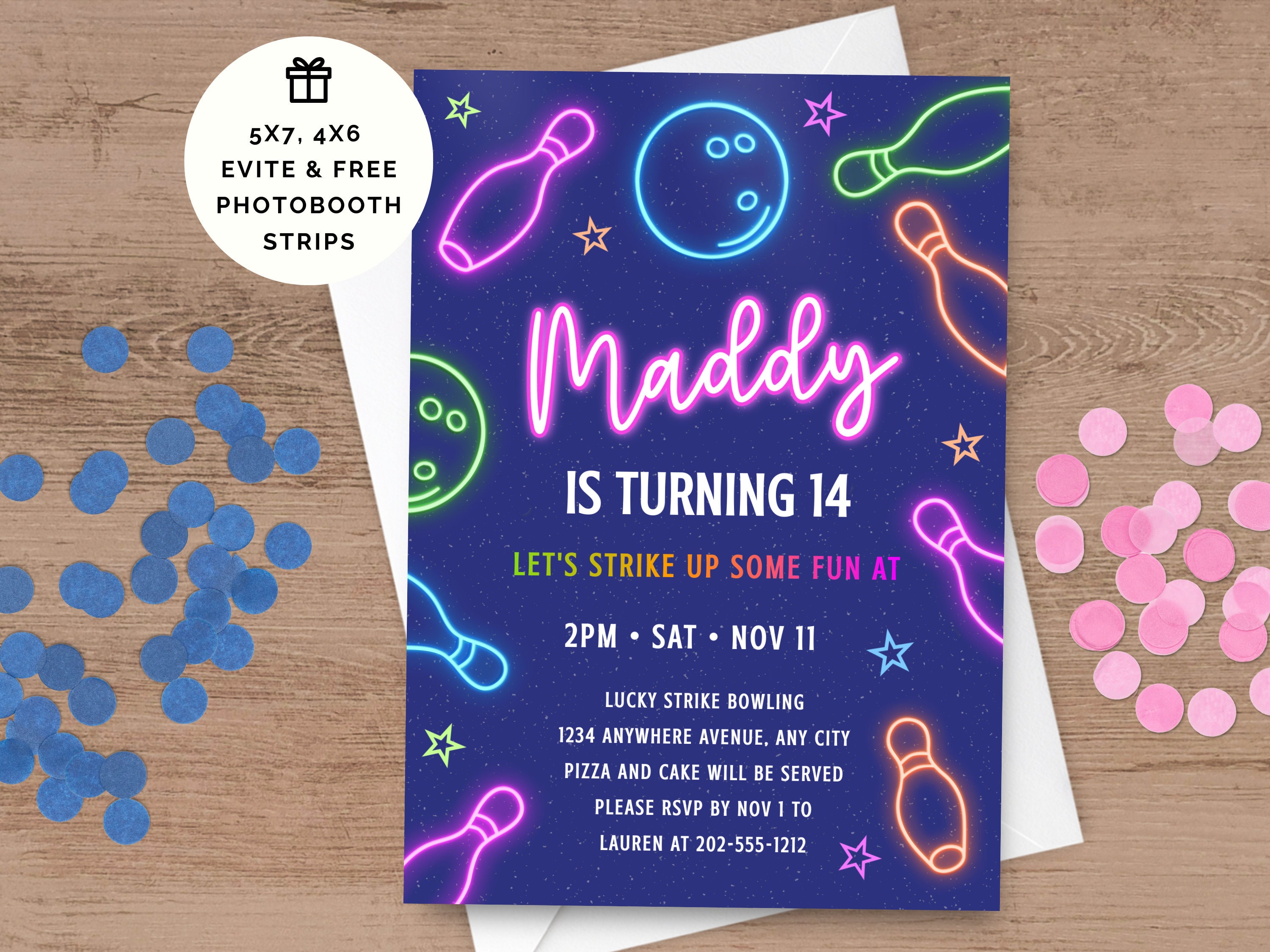 Bowling Birthday Party Girl Invitation, Neon Glow Disco Bowling Arcade ...
