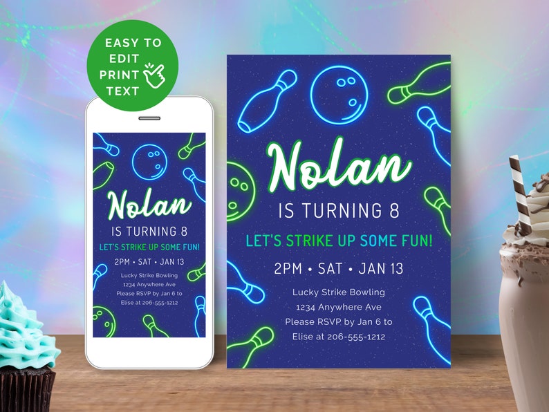 Bowling Arcade Birthday Invitation for 8 Year Old Boy, Editable Neon ...