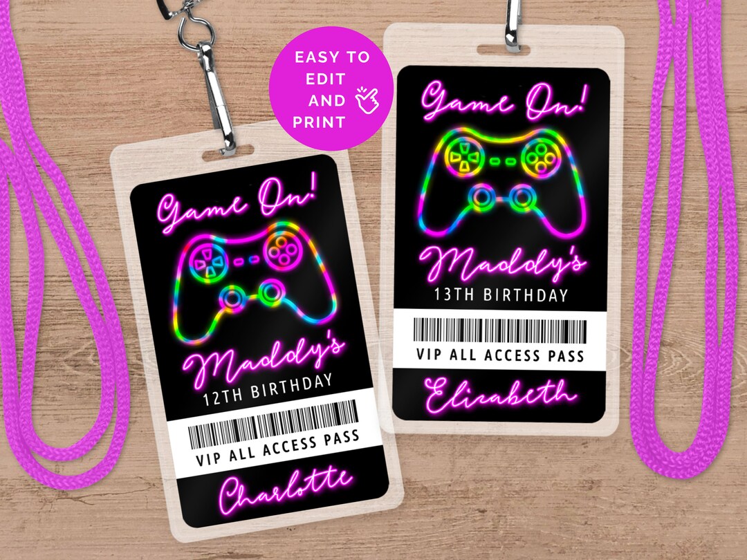 VIP Badge Template for Girl's Video Game Birthday, Neon Glow Tie Dye ...