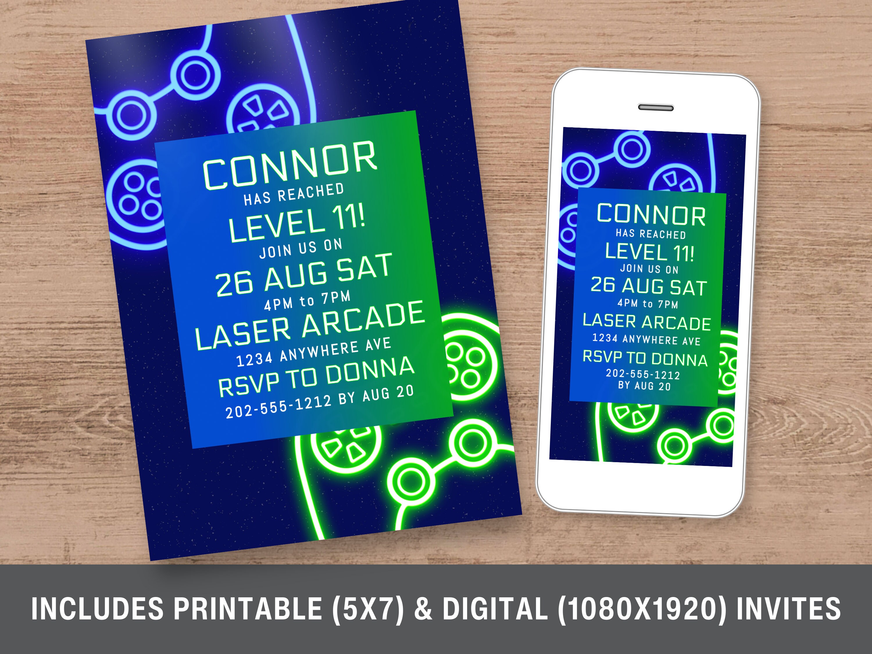11th Birthday Invitation for Boys, Editable Kids' Neon Glow Video Game ...