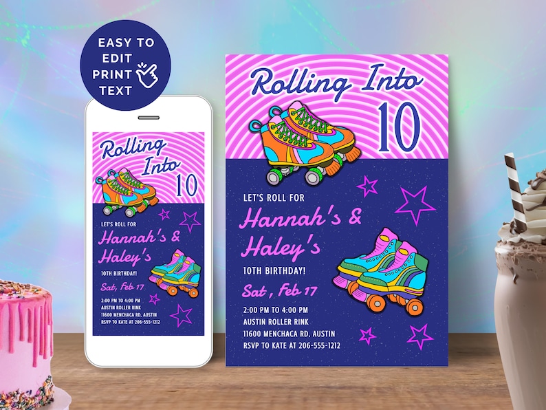 Double Birthday Invitation Twins, Neon Glow Roller Skating Invitation ...