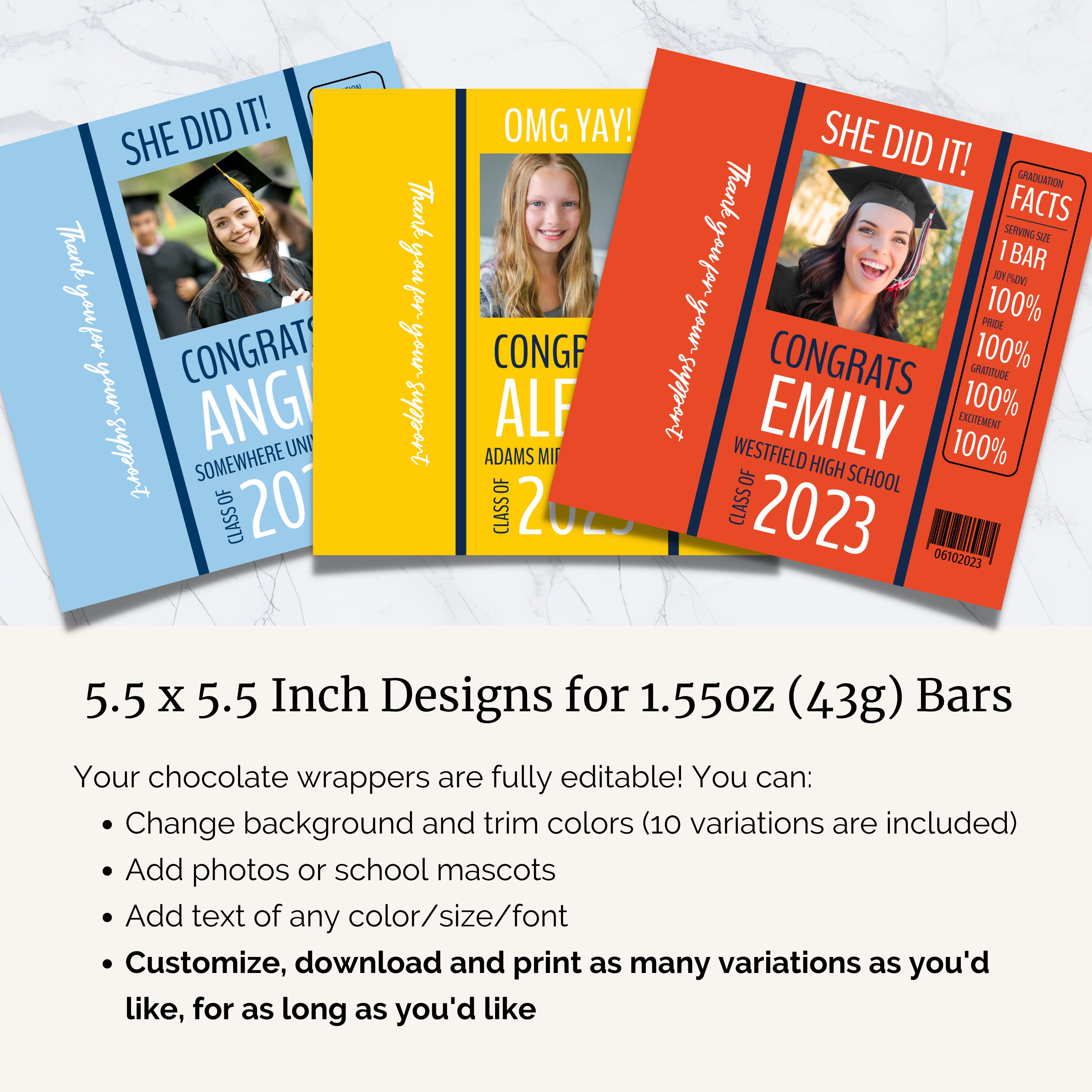 Printable Graduation Candy Bar Wrapper She Did It With Photo or School ...