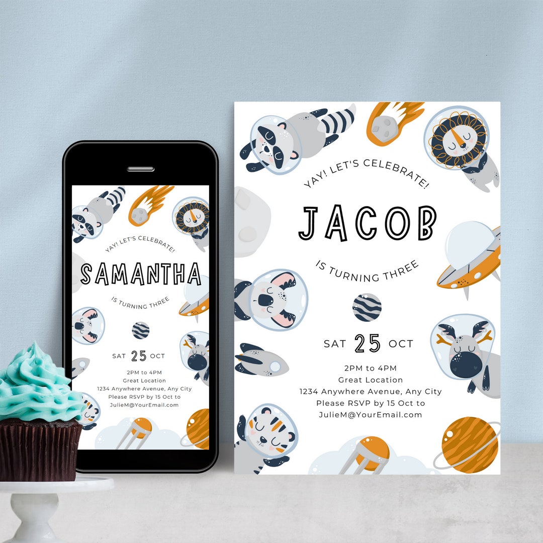 Printable Sci-fi Space Theme Party Invite, Downloadable Animal ...
