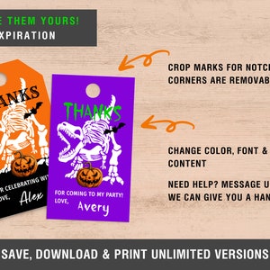 Halloween Goodie Bag Tags for Kids Birthday, Editable Dinosaur Skeleton ...