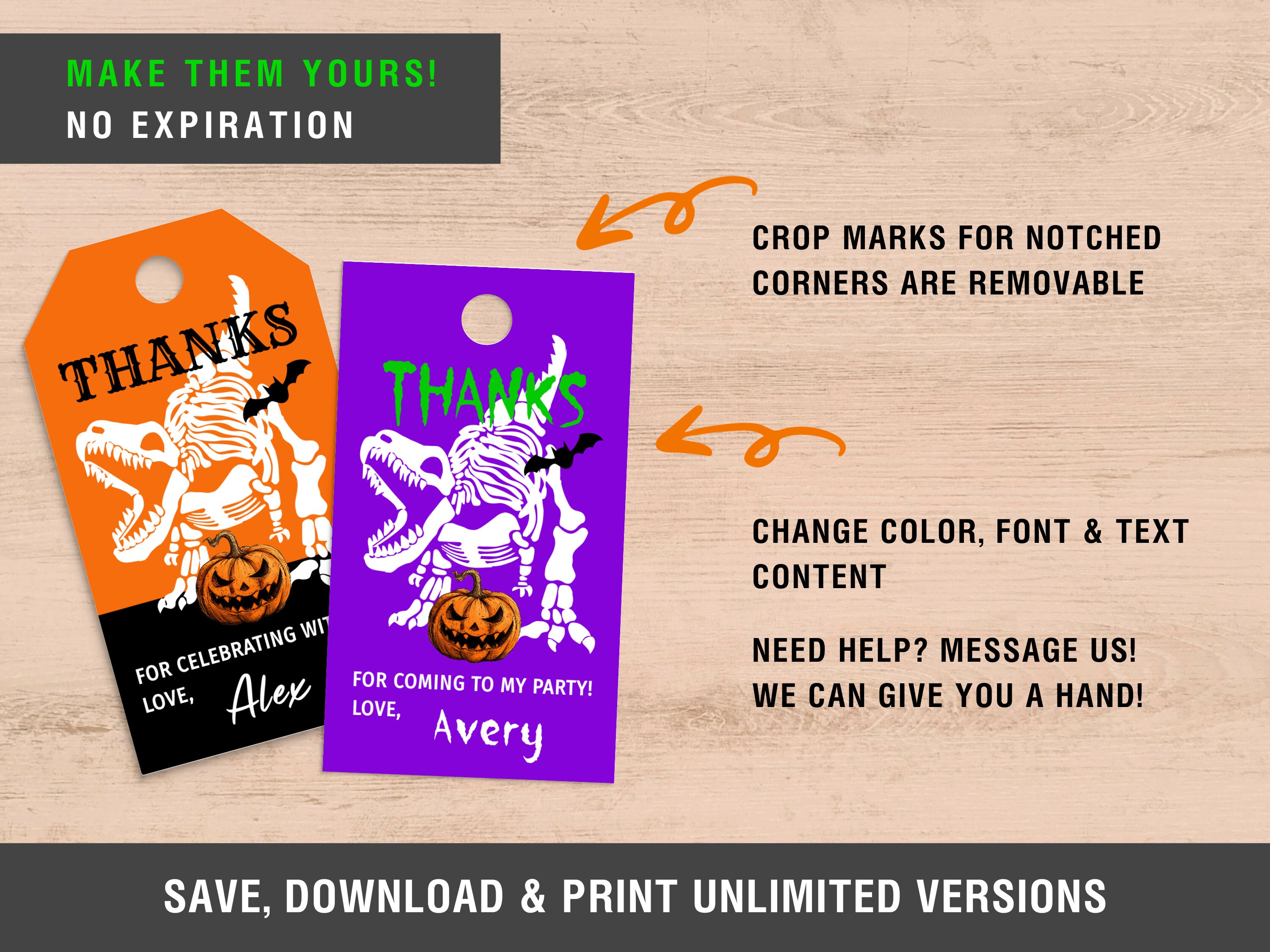 Halloween Goodie Bag Tags for Kids Birthday, Editable Dinosaur Skeleton ...